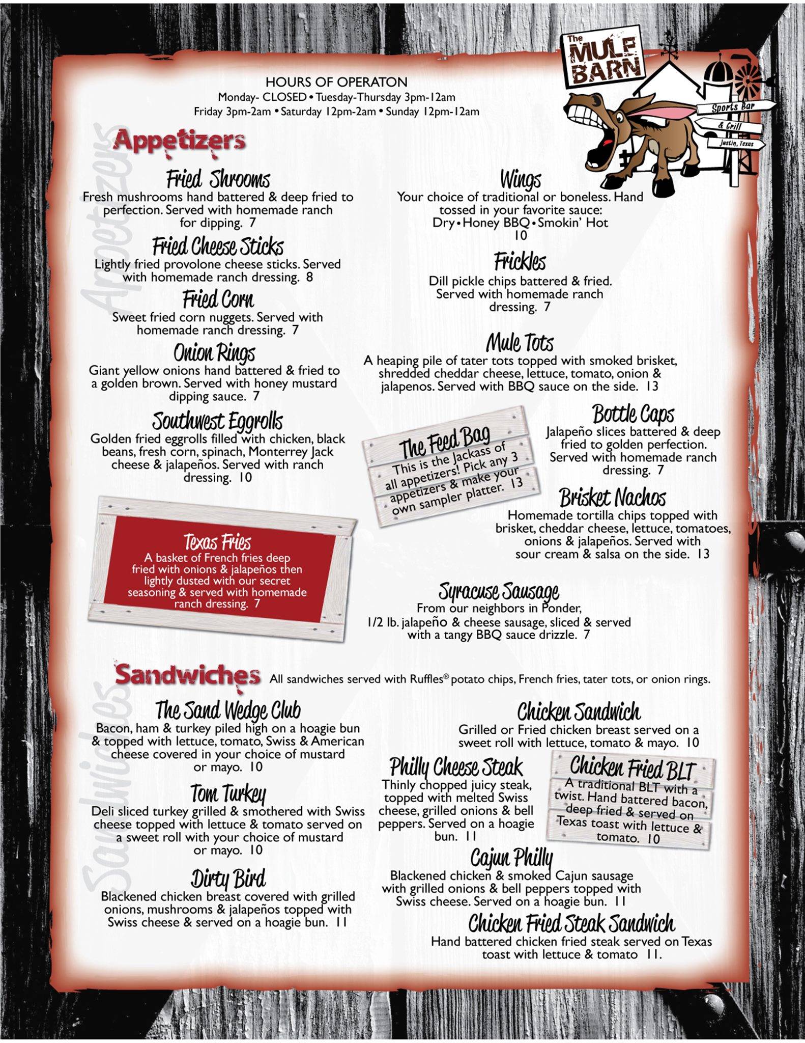 Menu at Mule Barn Sports Bar & Grill, Justin