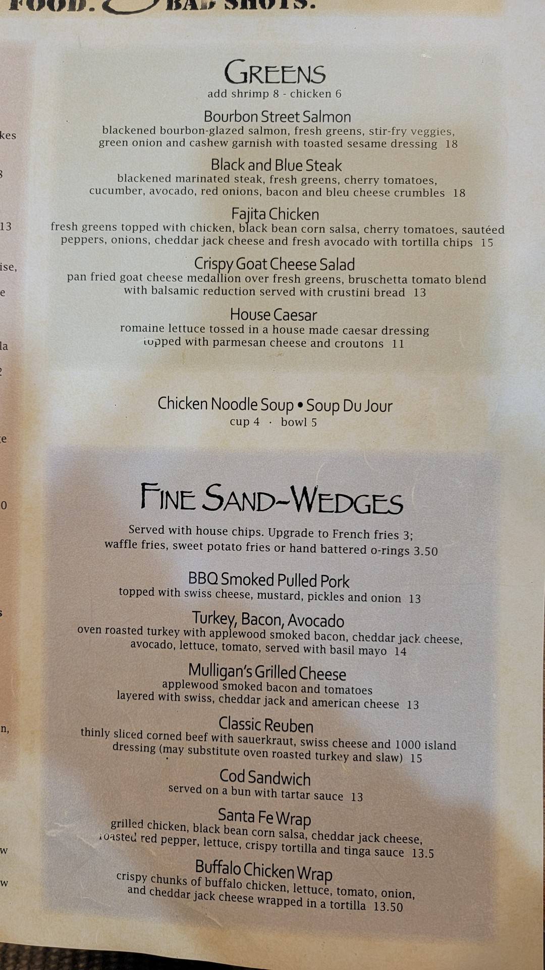 Menu at Mulligan's Restaurant, Cheboygan