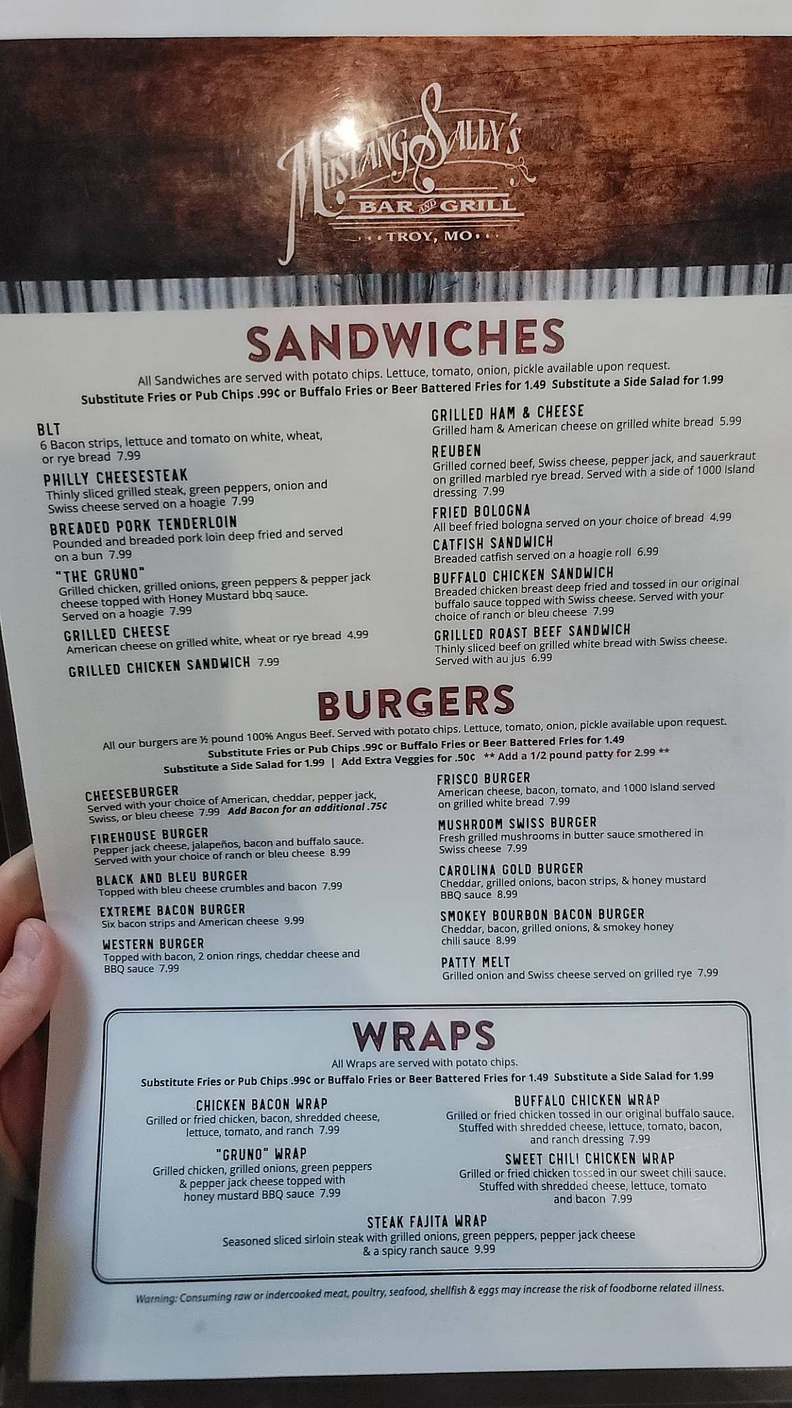 Menu at Mustang Sally's Bar & Grill, Troy