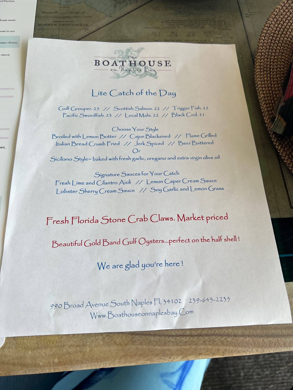 Menu at The Boathouse on Naples Bay restaurant, Naples