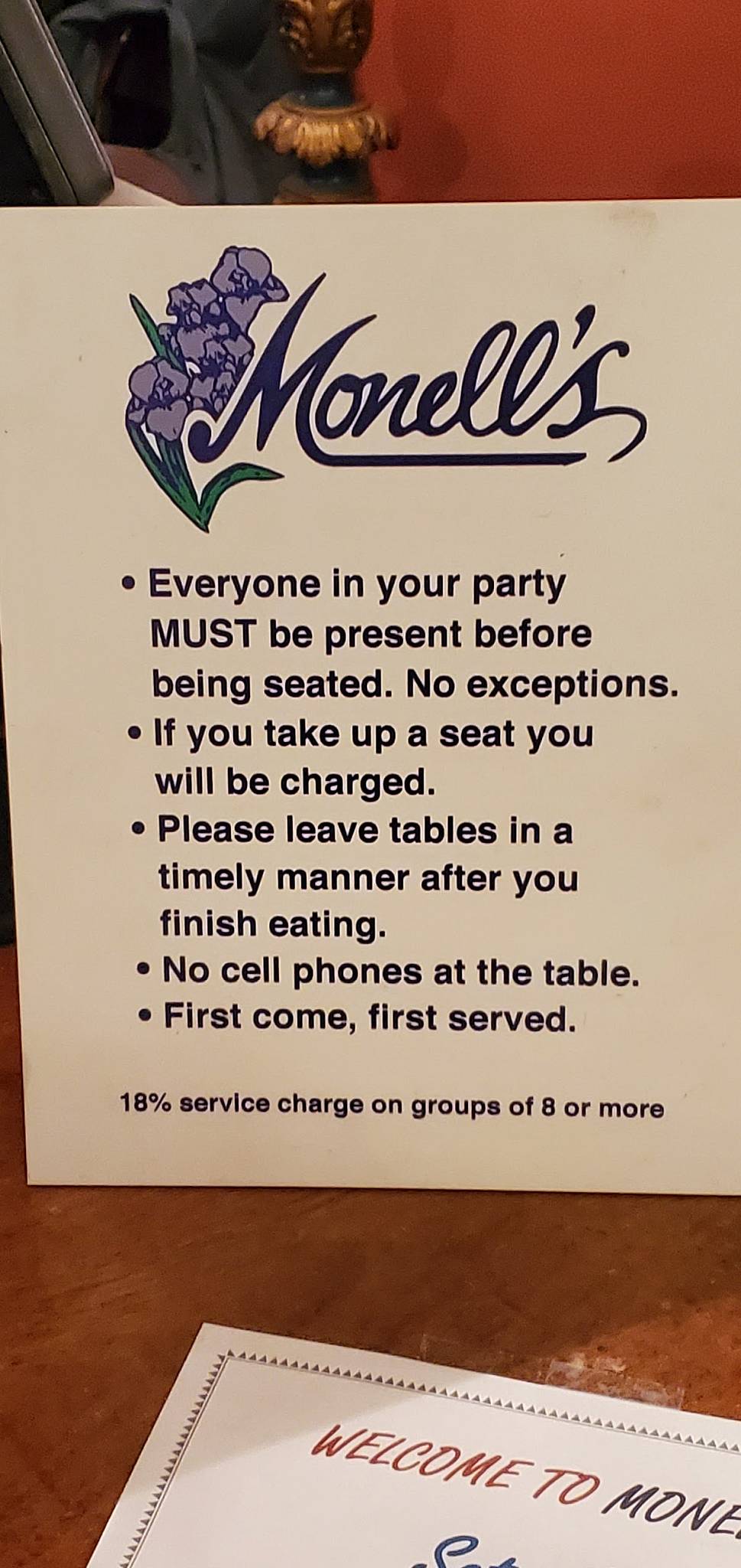 Menu at Monell's At the Manor restaurant, Nashville
