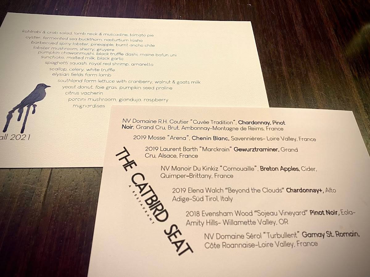 Menu at The Catbird Seat restaurant, Nashville