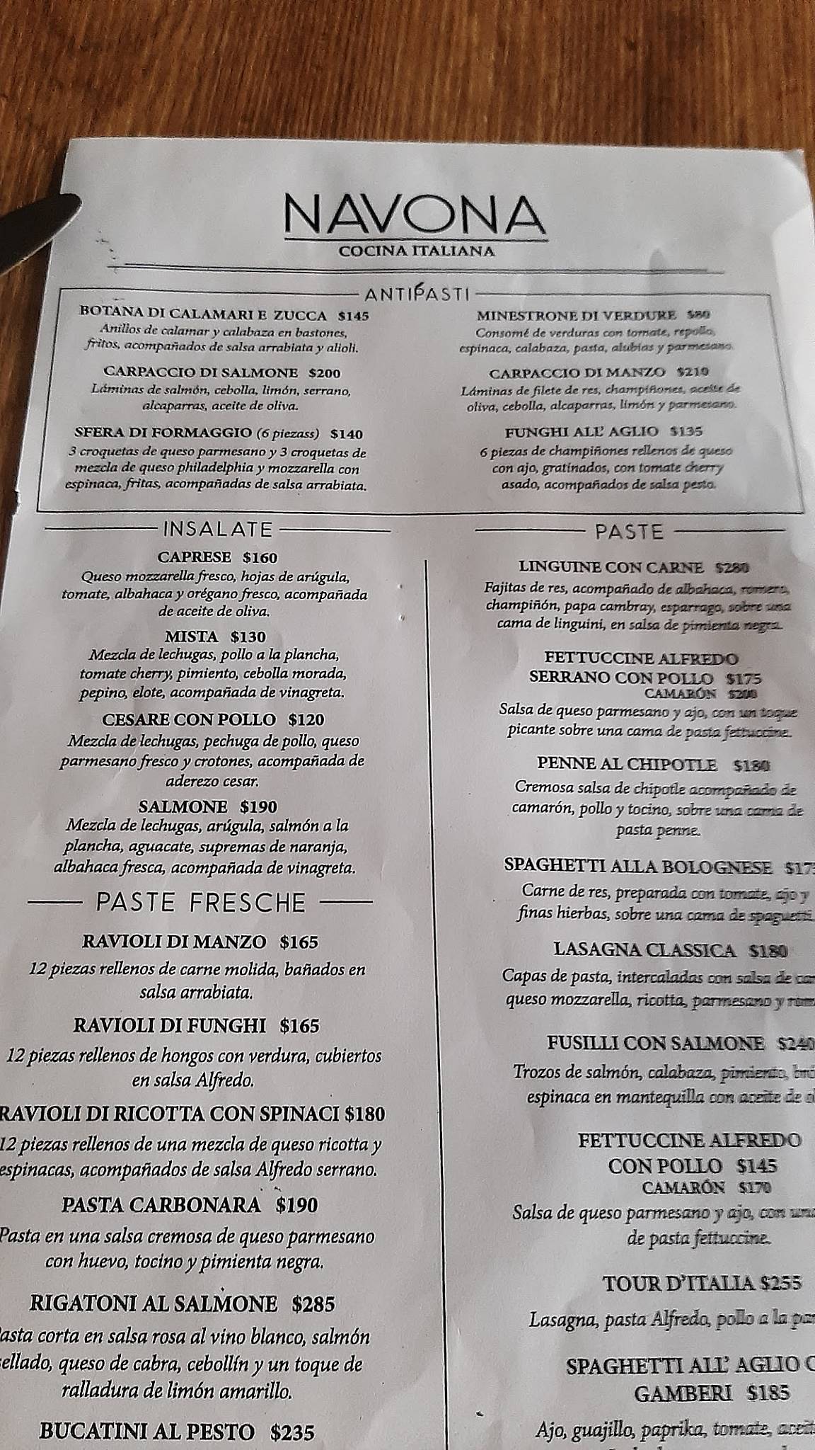 Carta del restaurante Navona, Ciudad Obregón