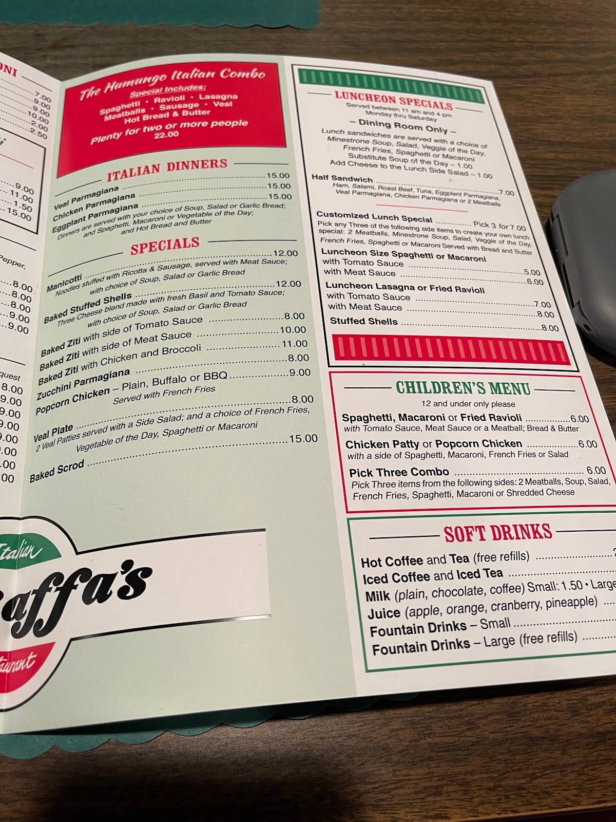 Menu at Pa Raffa's Italian Restaurant, New Bedford