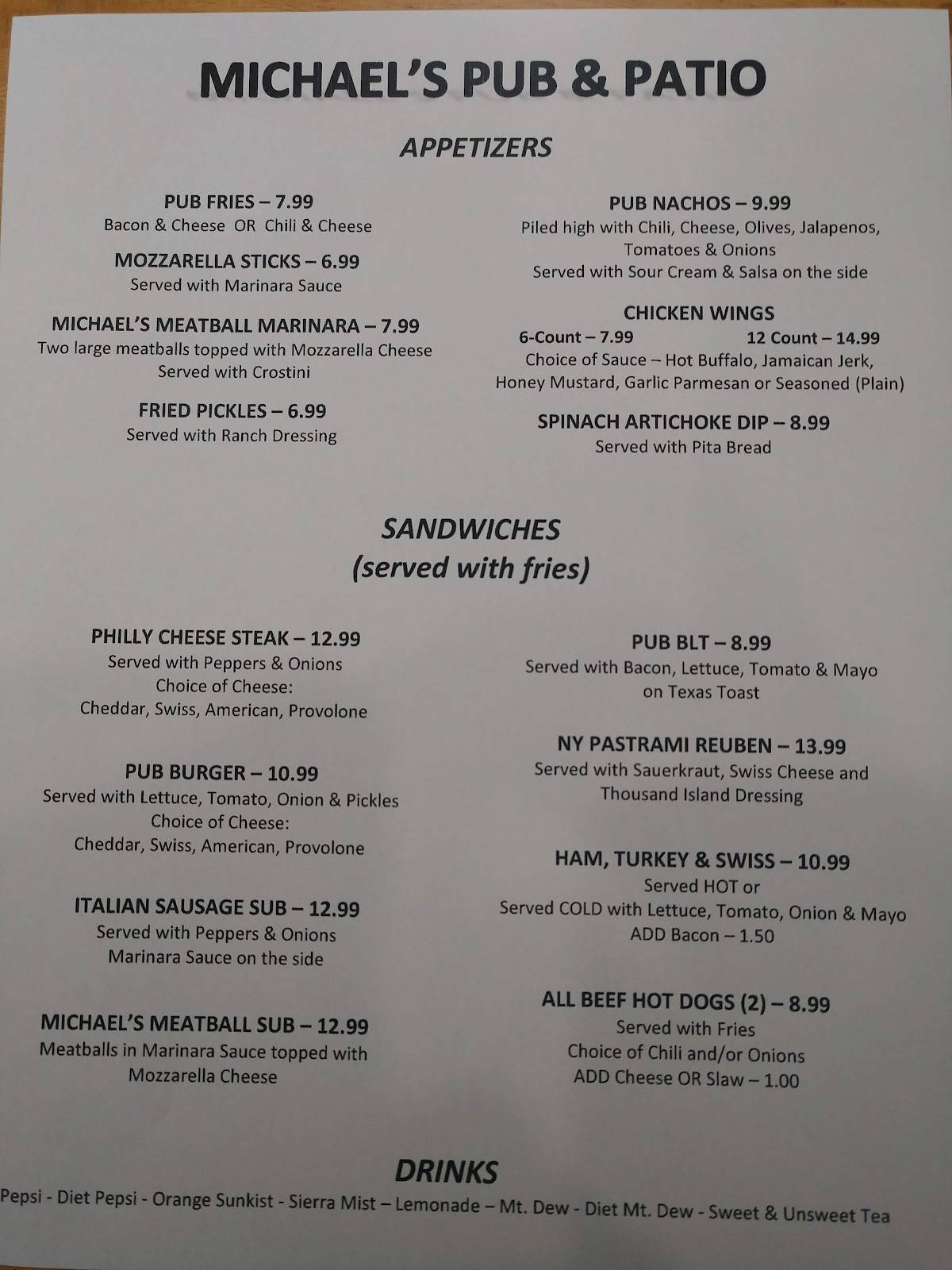 Menu at Michael’s Pub & Patio, New Bern