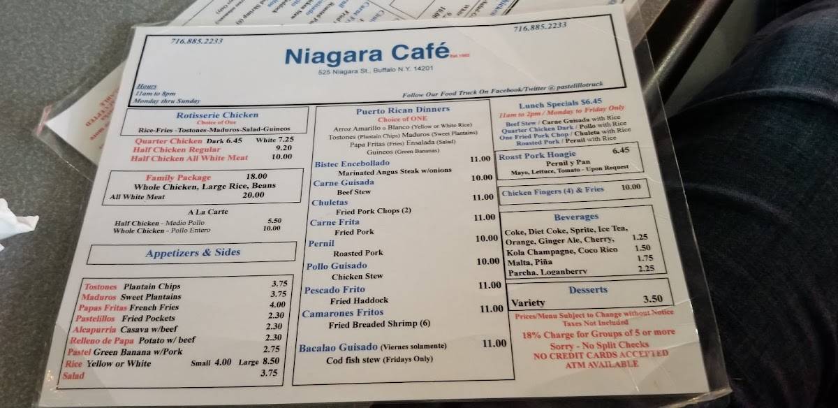 Menu at Niagara Cafe, Buffalo, 525 Niagara St