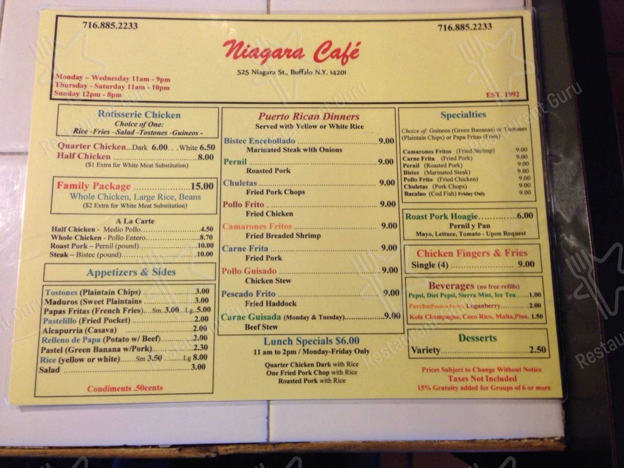 Menu at Niagara Cafe, Buffalo, 525 Niagara St