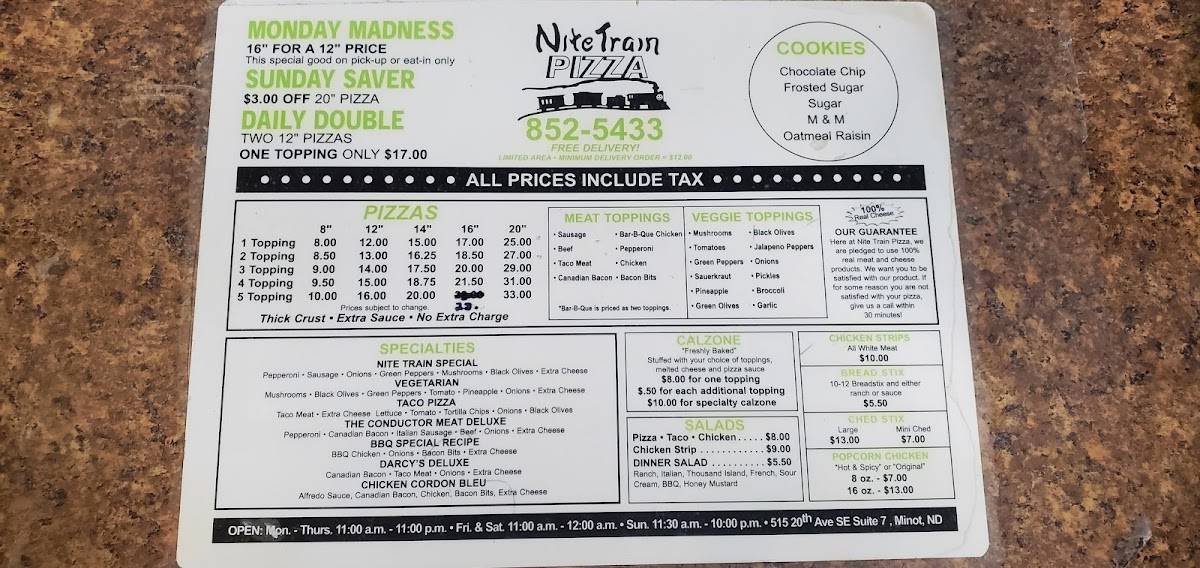 Menu at Nite Train Pizza pizzeria, Minot, 515 20th Ave SE