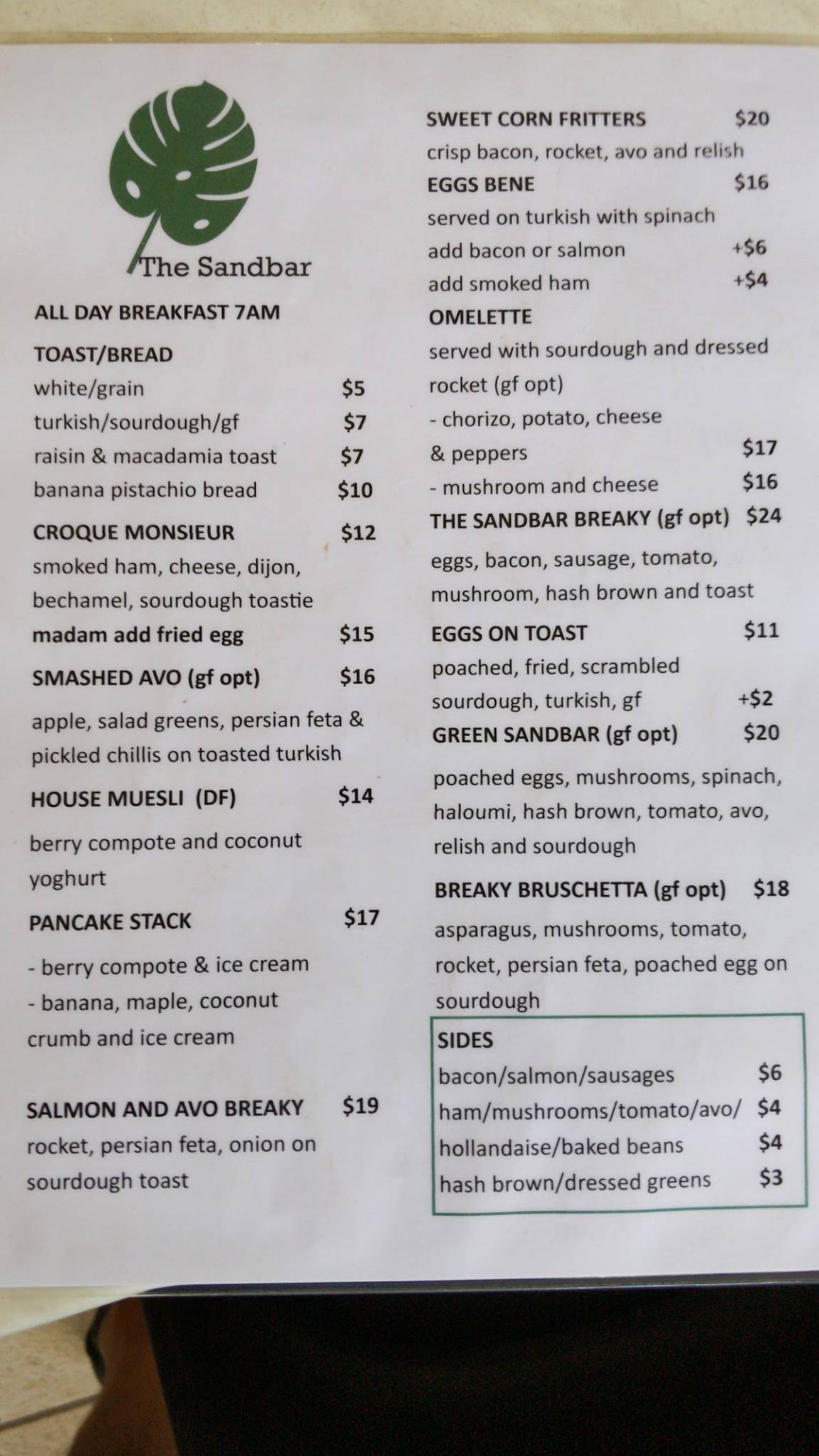 Menu at Sandbar Cafe Restaurant, North Haven