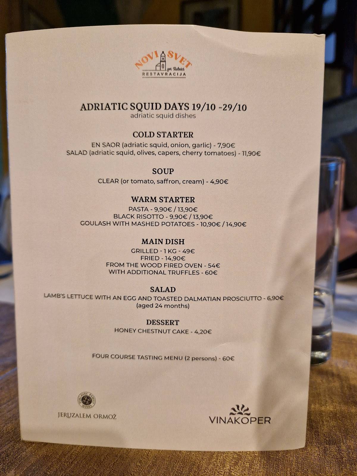 Menu at Novi Svet restaurant, Maribor