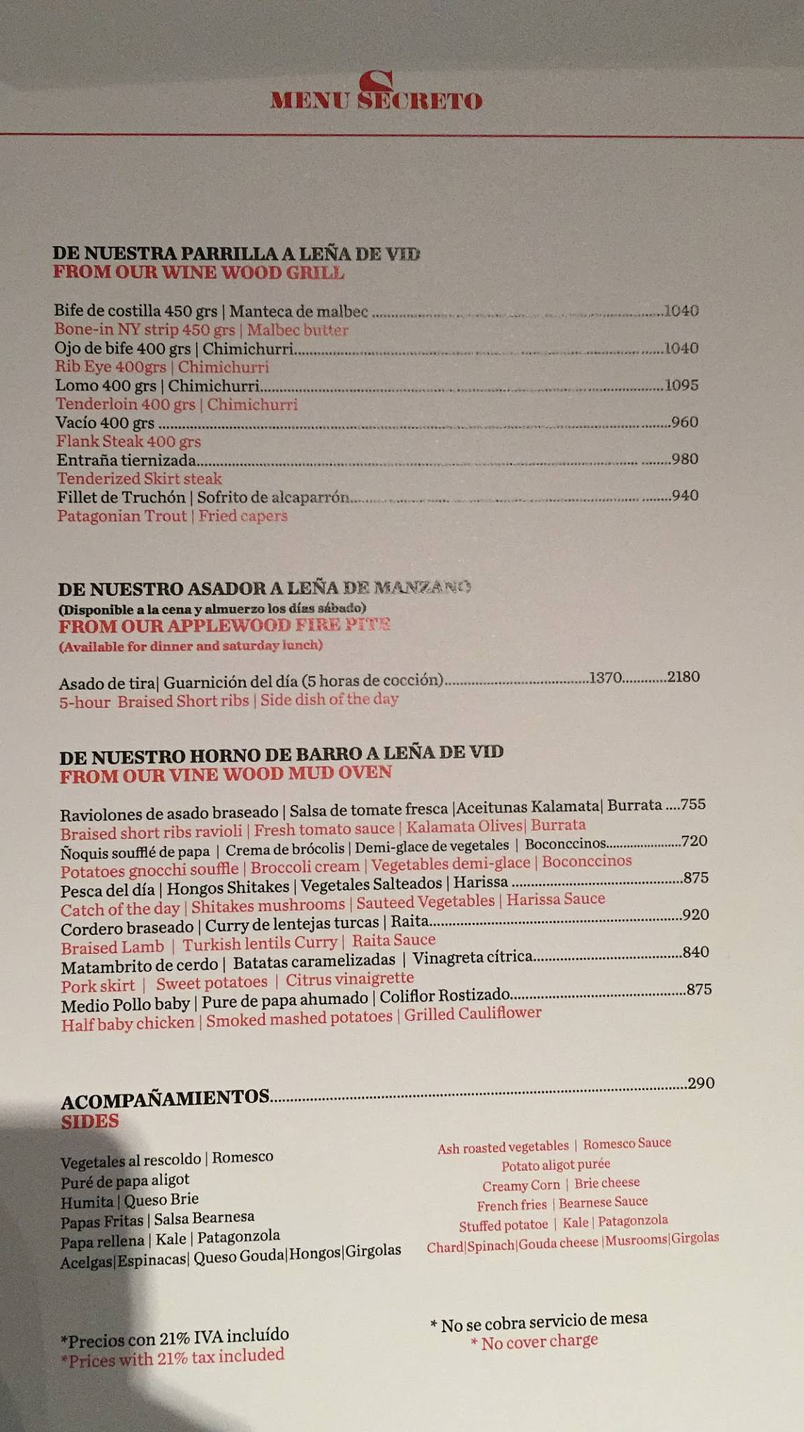 Menu at Nuestro Secreto restaurant, Buenos Aires, Posadas 1086