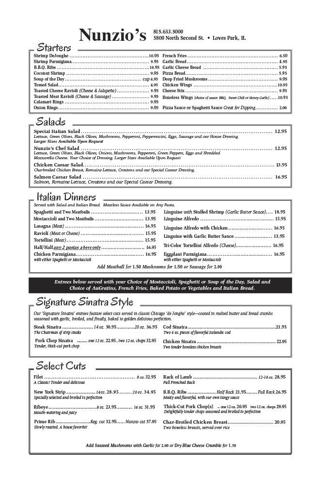 Menu at Nunzio's Restaurant, Loves Park