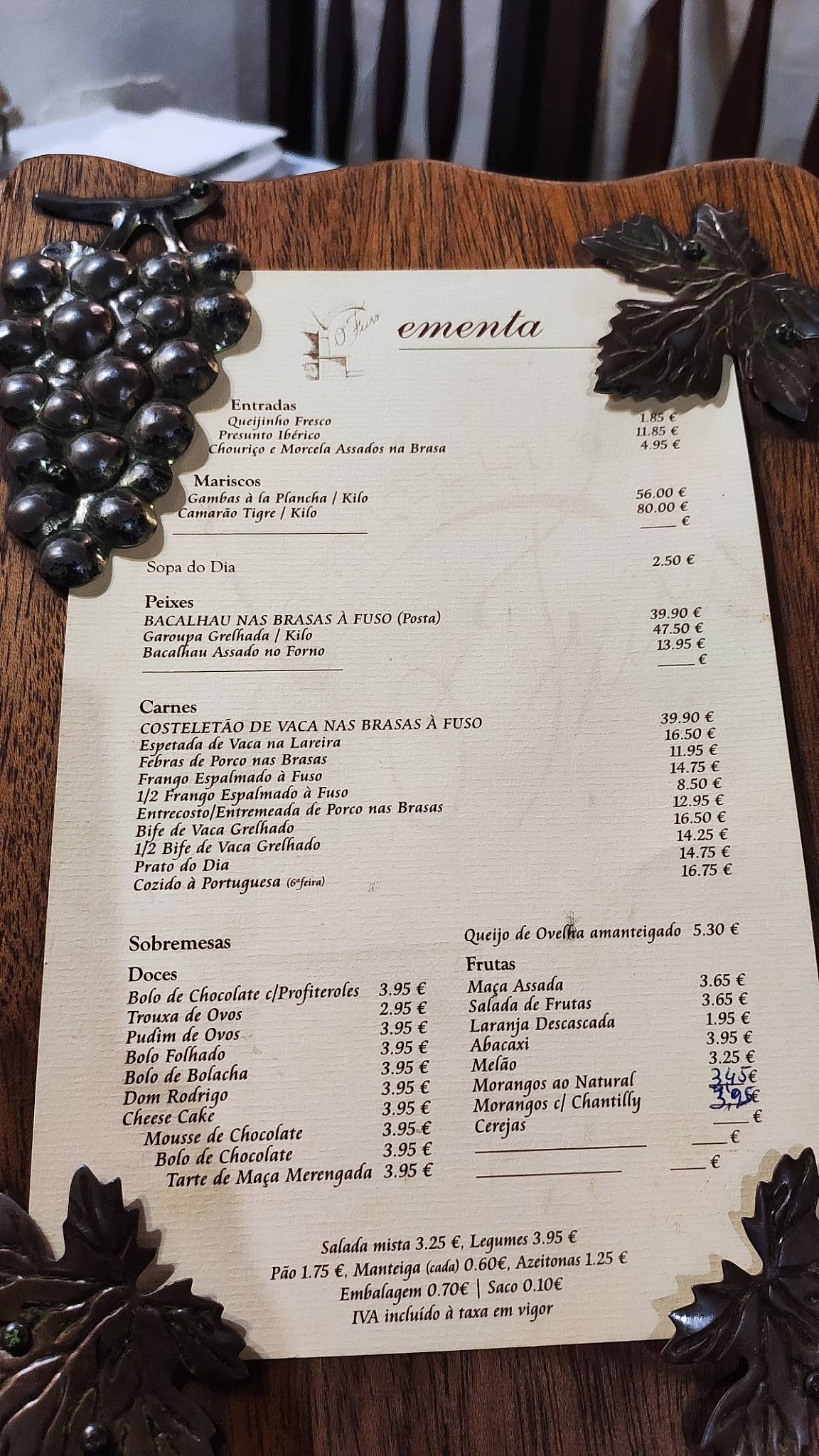 Menu em Restaurante O Fuso, Arruda dos Vinhos