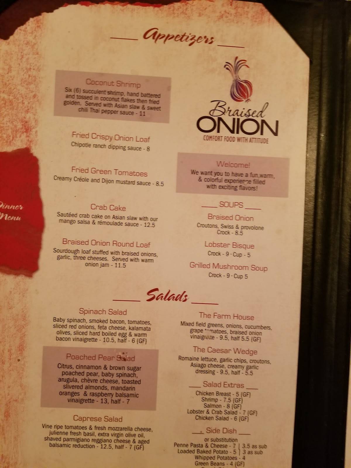 Menu at Braised Onion restaurant, Ocala