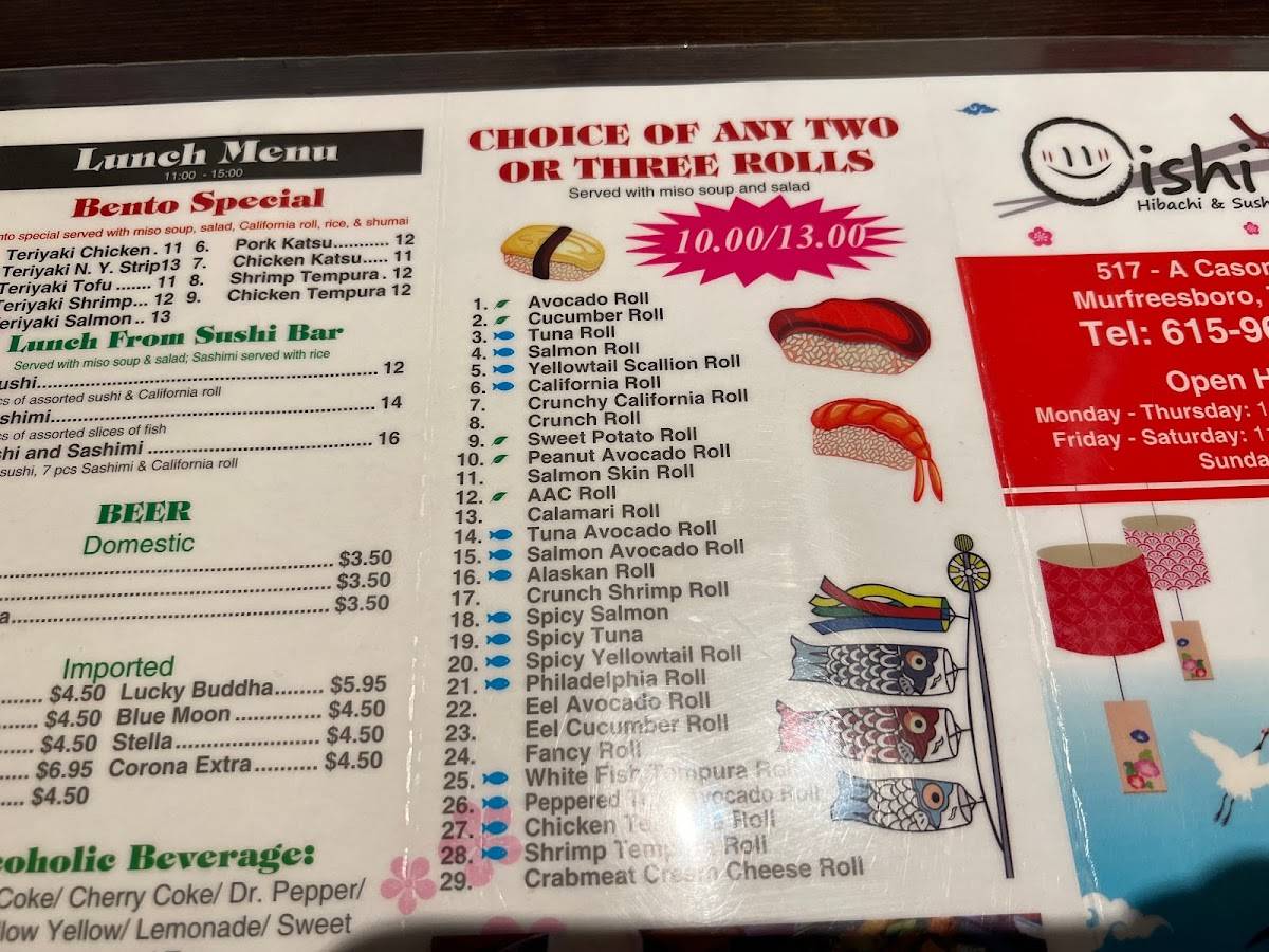 Menu at Oishiya hibachi & sushi restaurant, Murfreesboro