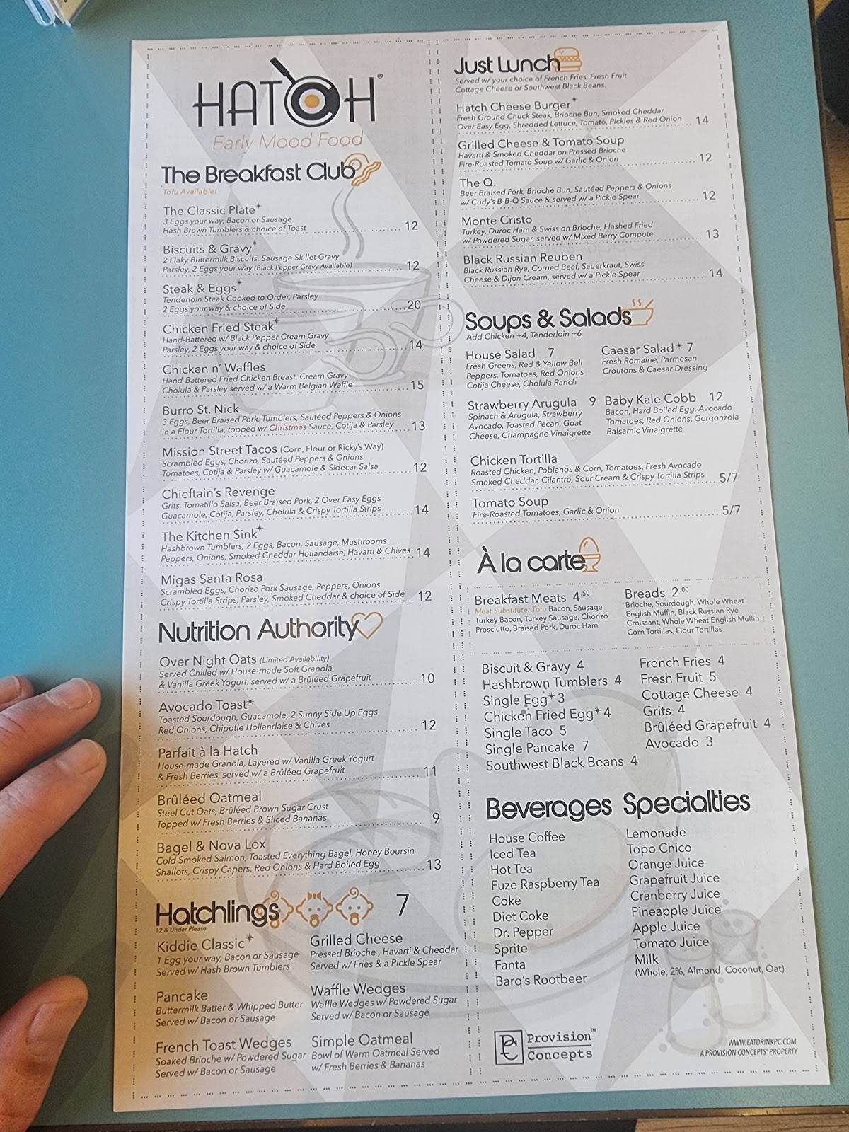 Menu at Hatch Early Mood Food restaurant, Oklahoma City, 1101 N ...