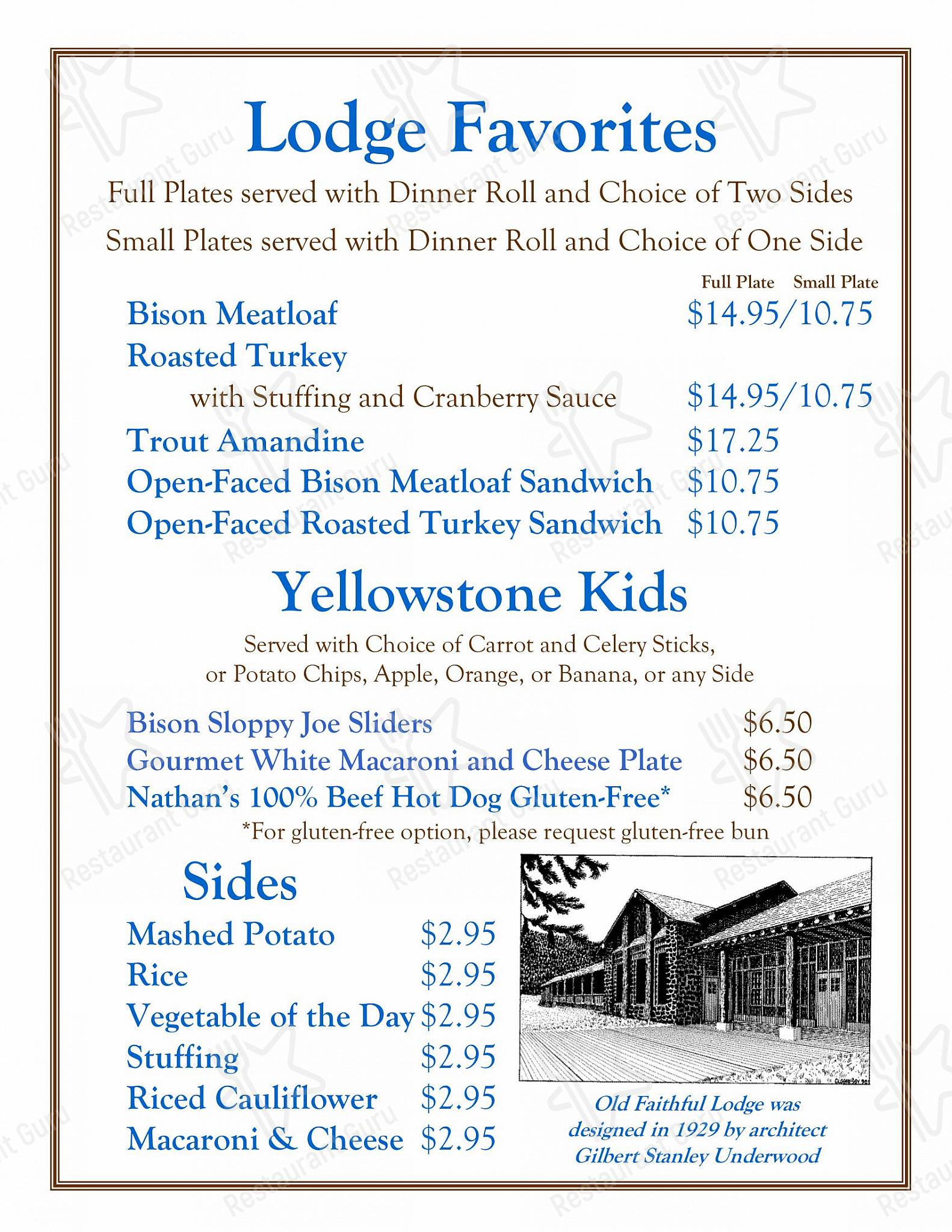 Menu at Old Faithful Lodge Cafeteria, USA