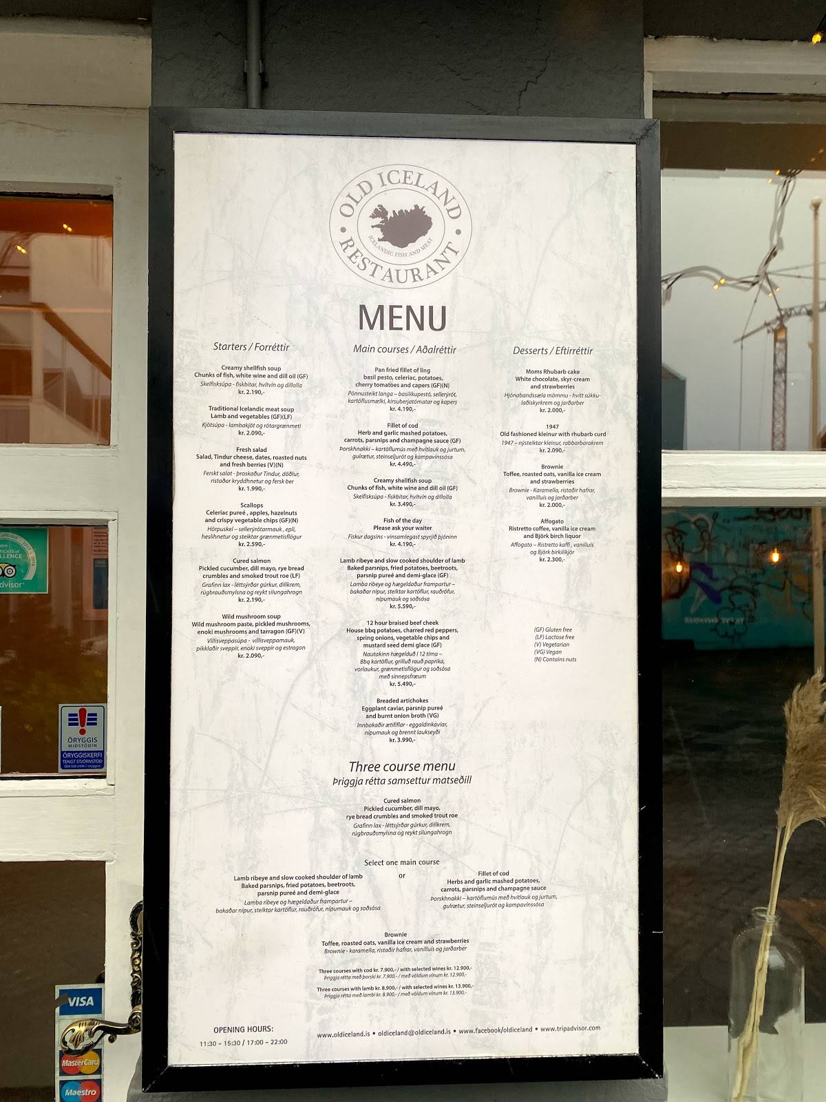Menu at Old Iceland restaurant, Reykjavík