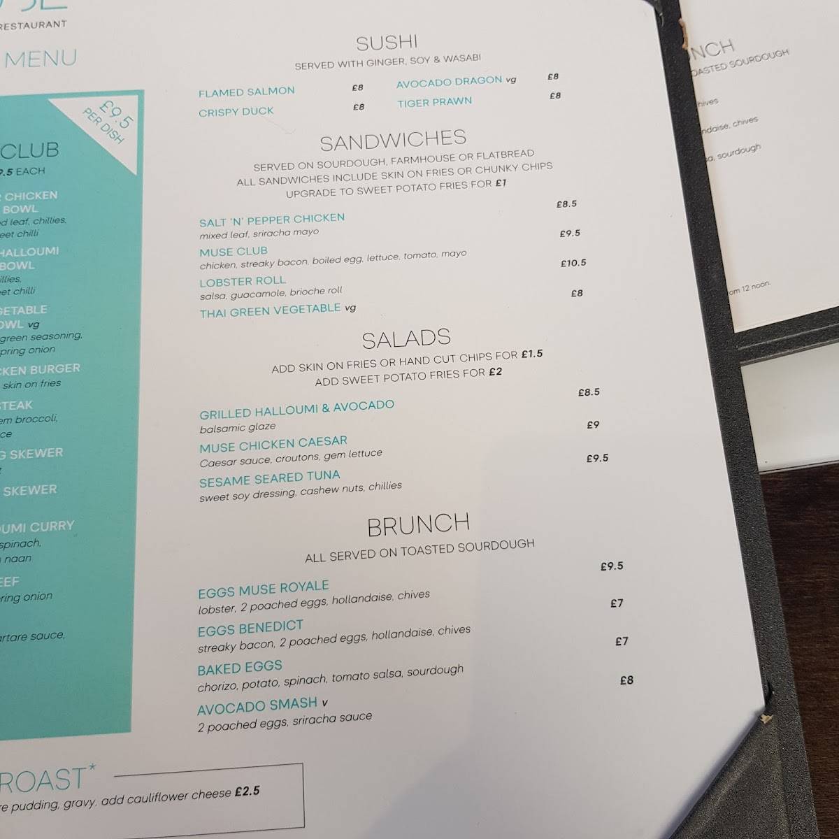Menu at Muse restaurant, Oldham