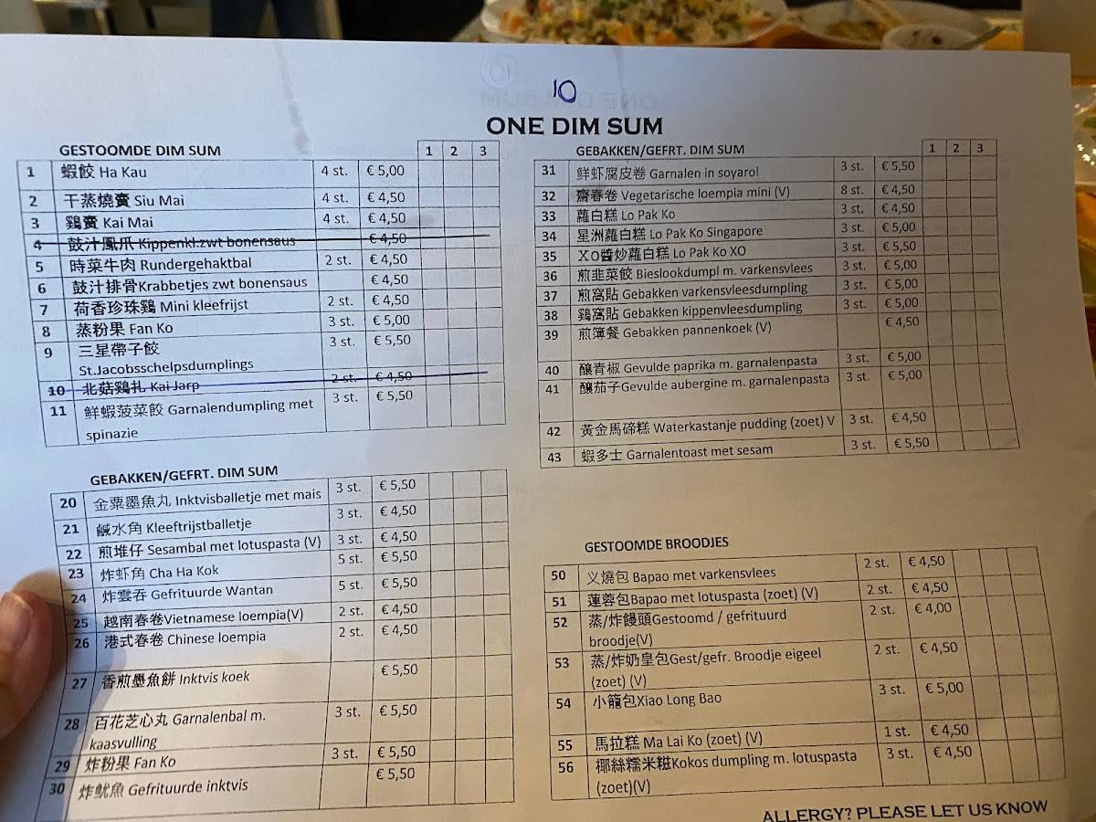 Menu au One Dim Sum, Amsterdam