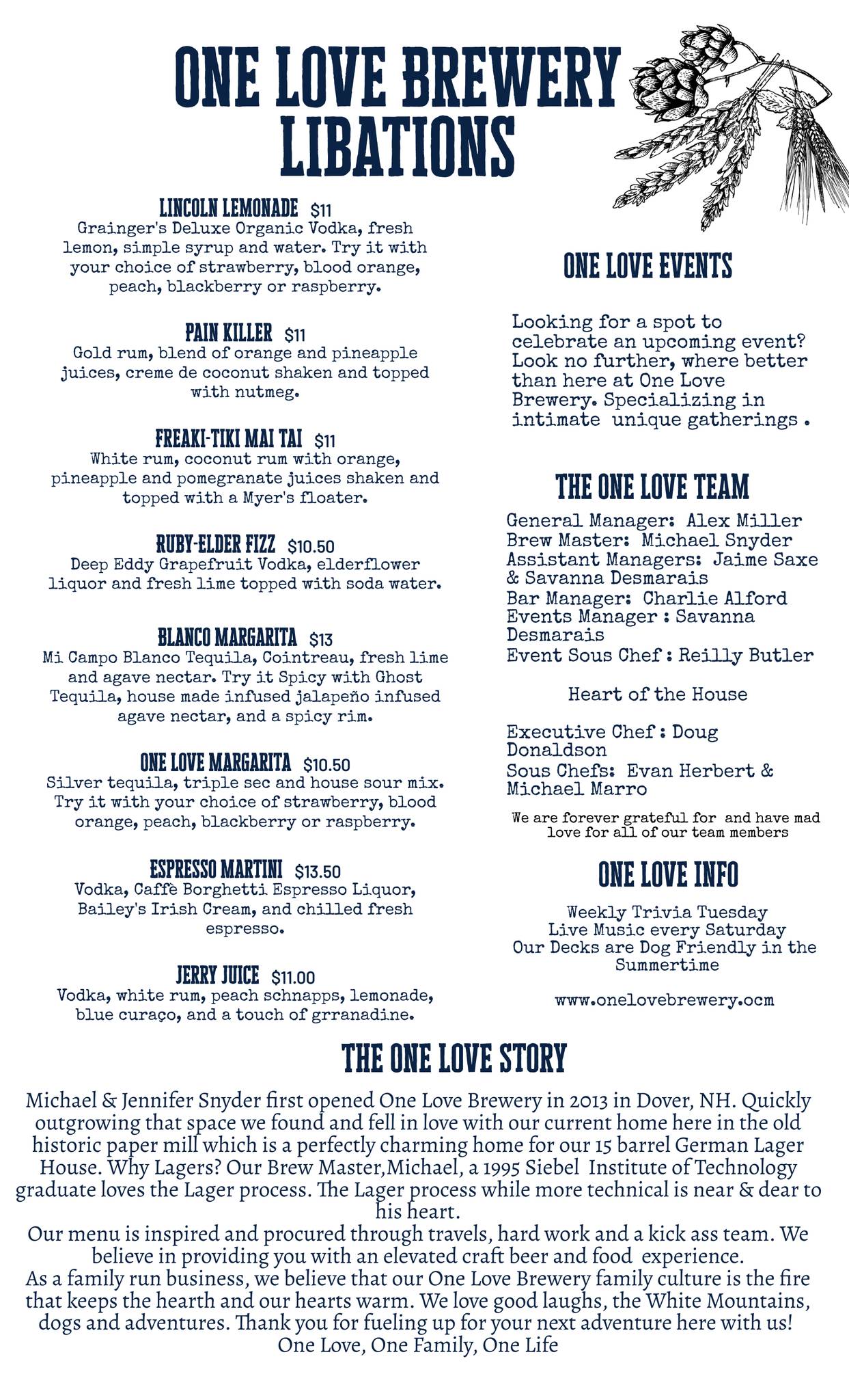Menu at One Love Brewery restaurant, Lincoln, 25 S Mountain Dr