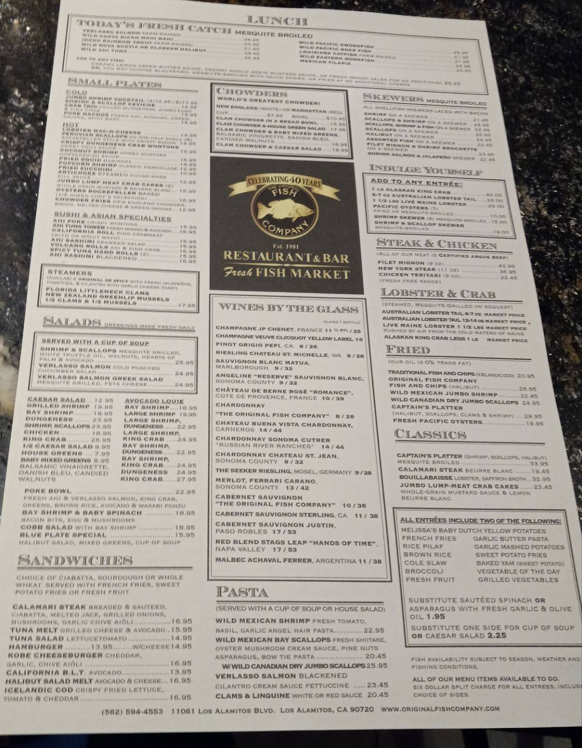 Menu at Original Fish Co. restaurant, Los Alamitos