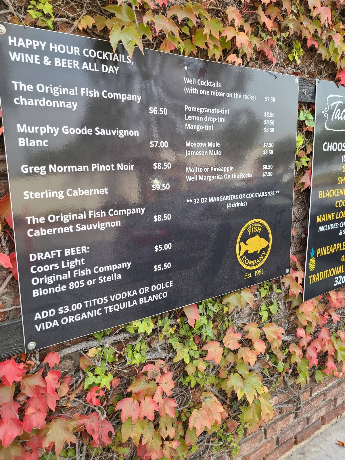 Menu at Original Fish Co. restaurant, Los Alamitos