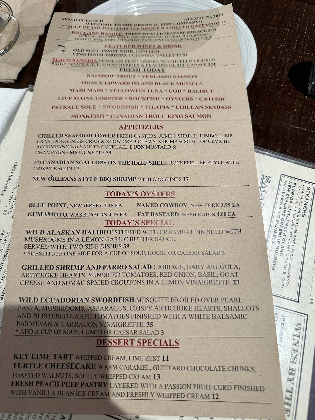 Menu at Original Fish Co. restaurant, Los Alamitos