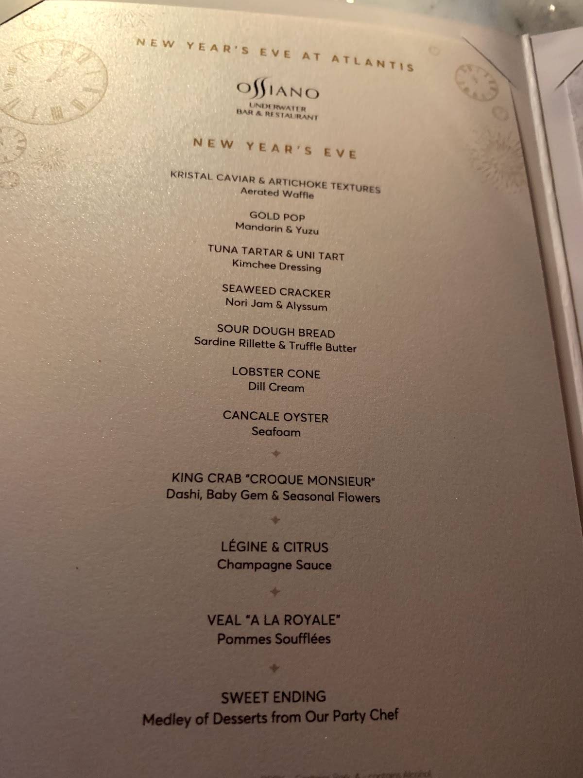 Menu at Ossiano restaurant, Dubai