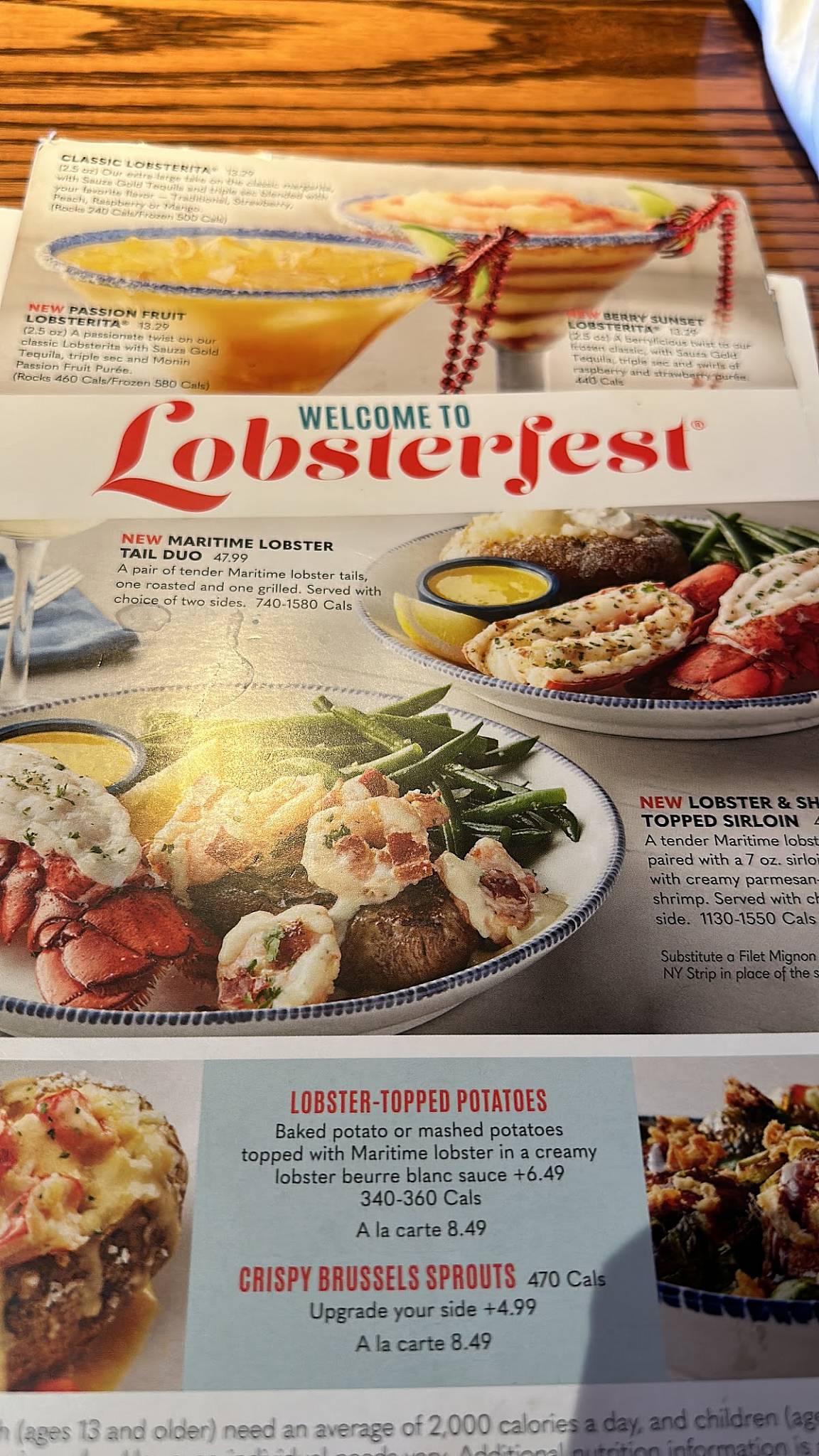Menu at Red Lobster restaurant, Ottawa, St. Laurent Blvd