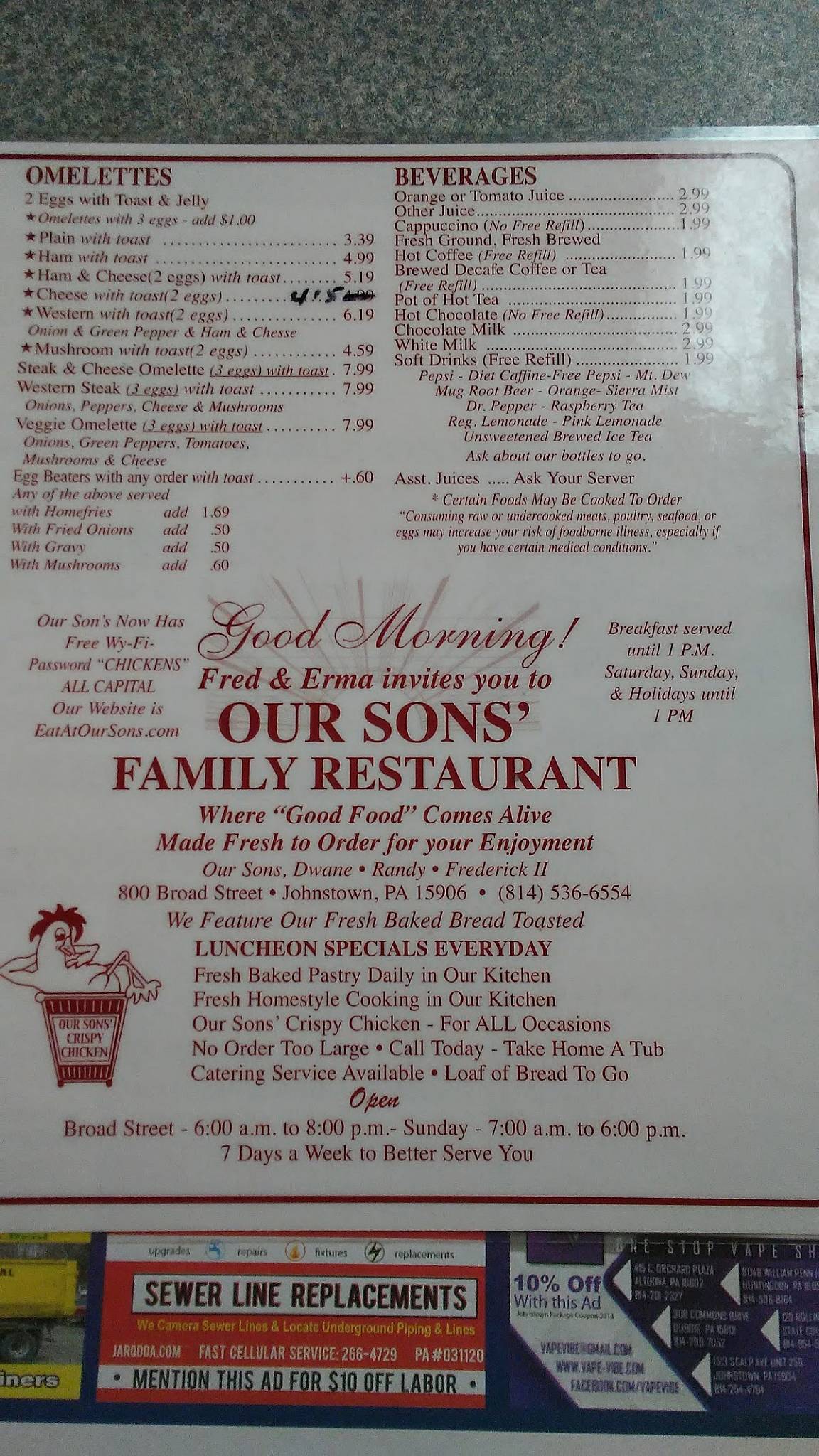 Menu at Our Sons' Family Restaurant, Johnstown