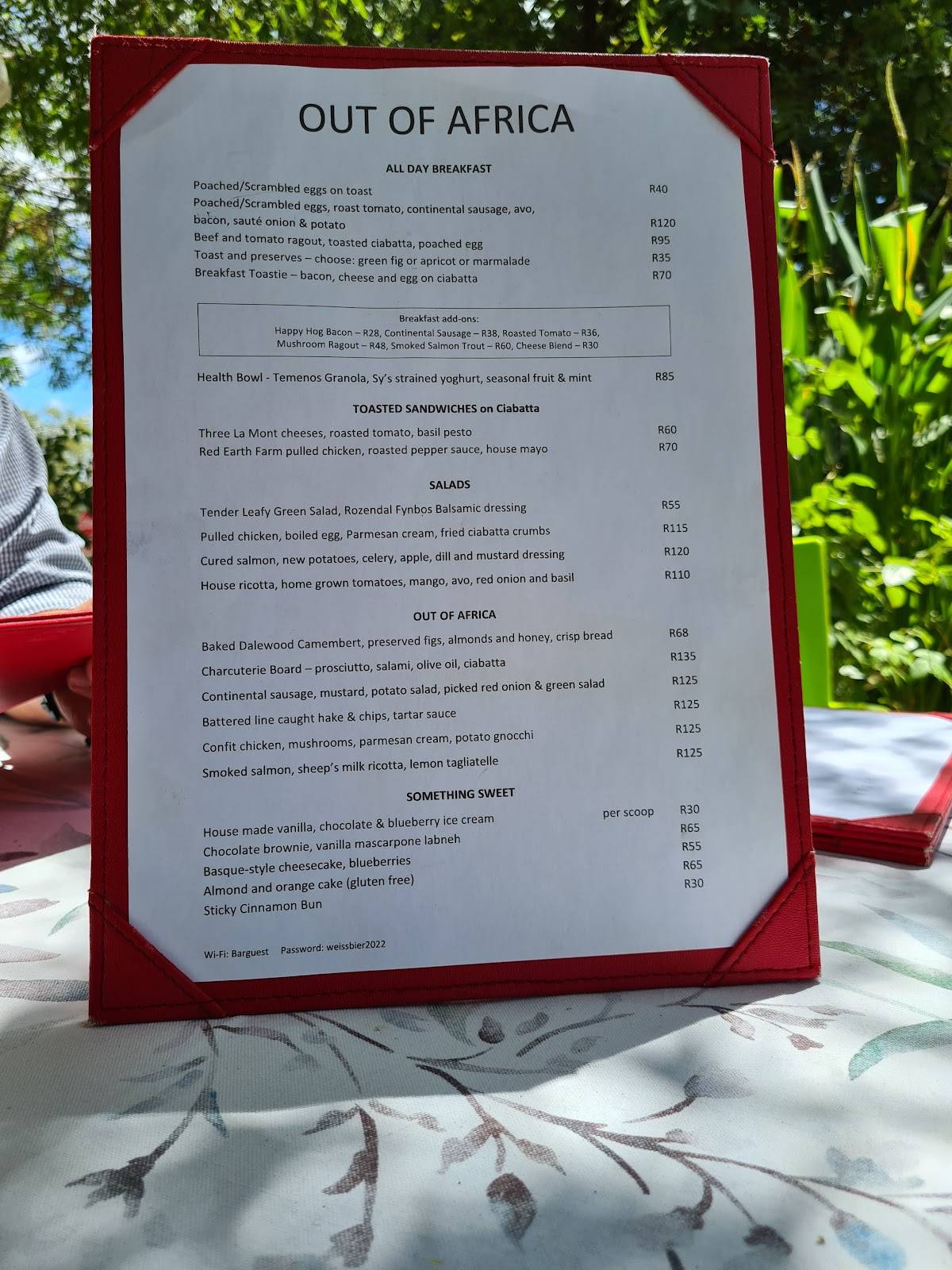 Menu at Out of Africa Restaurant, McGregor