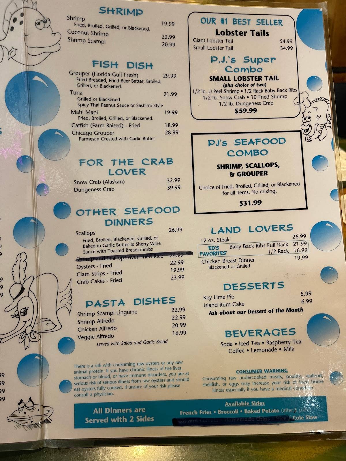 Menu at P.J.'s Oyster Bar, Indian Rocks Beach