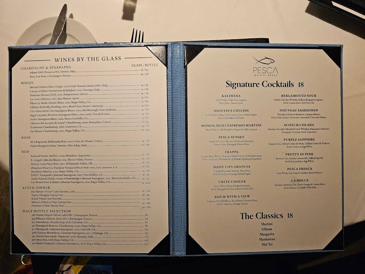 Menu at PESCA Waikiki Beach restaurant, Honolulu