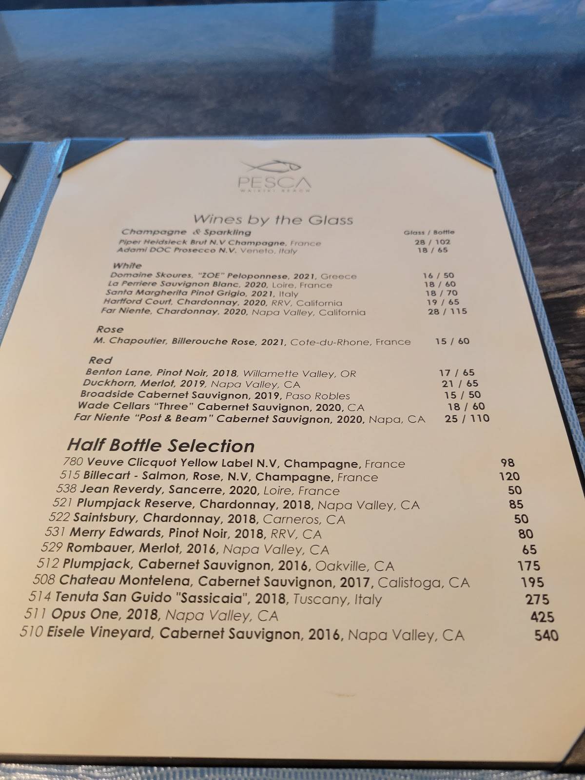 Menu at PESCA Waikiki Beach restaurant, Honolulu