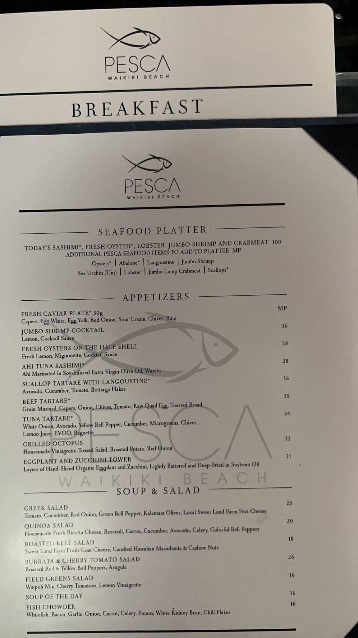 Menu at PESCA Waikiki Beach restaurant, Honolulu