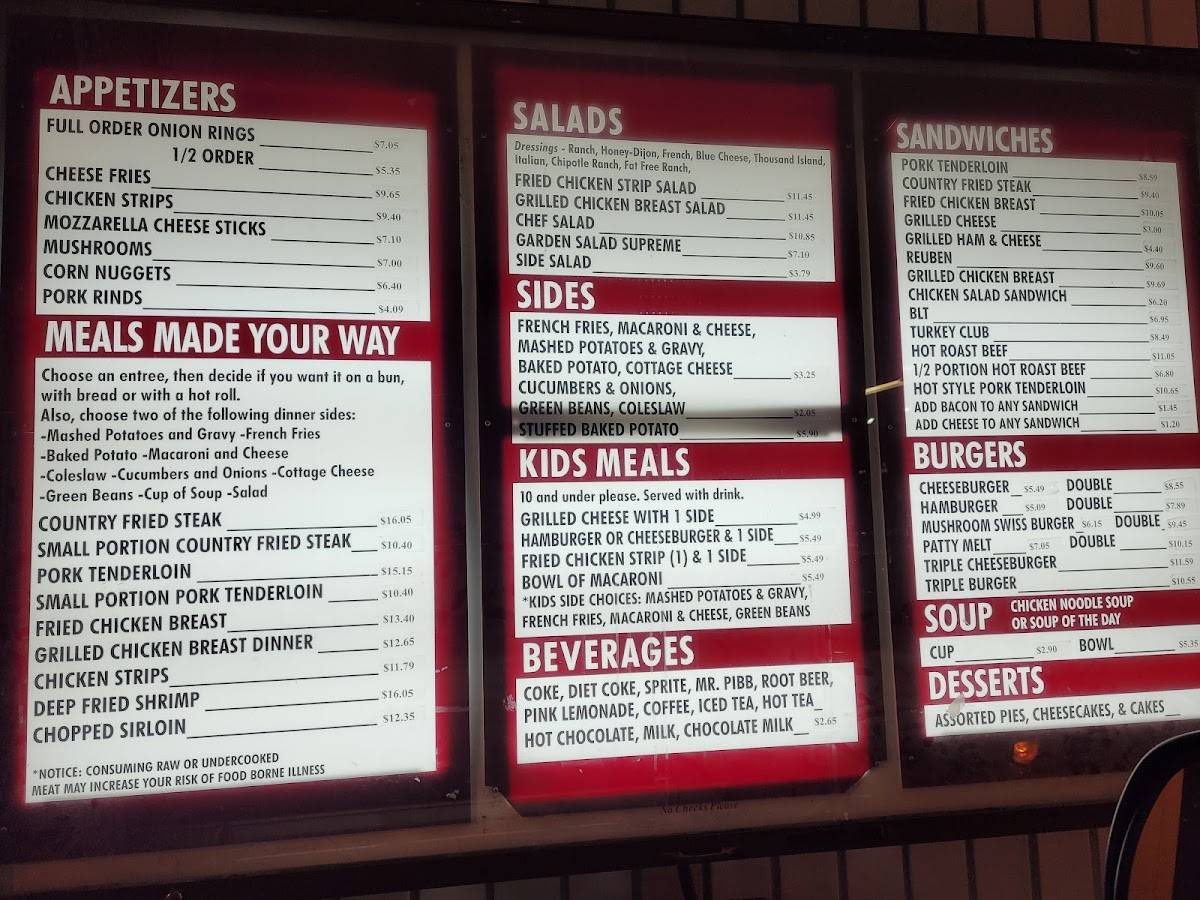 Menu at PT's restaurant, Oak Grove