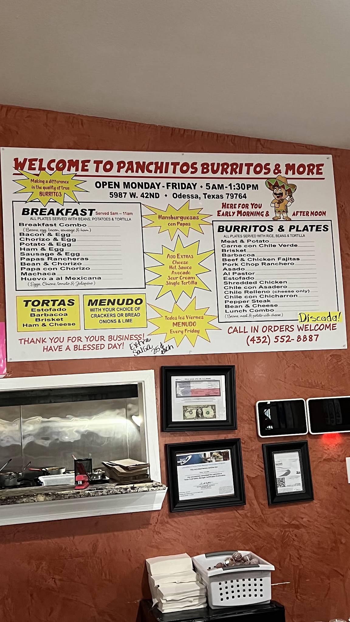 Menu at Panchitos #2 restaurant, Odessa