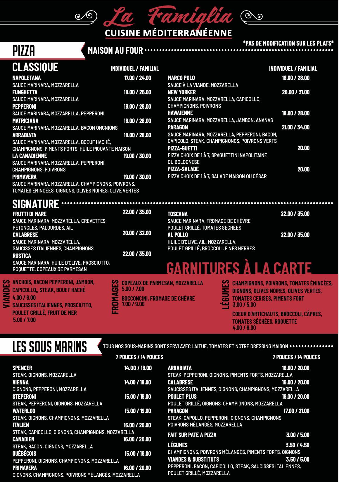 Menu au La Famiglia Paragon pizzeria, Repentigny