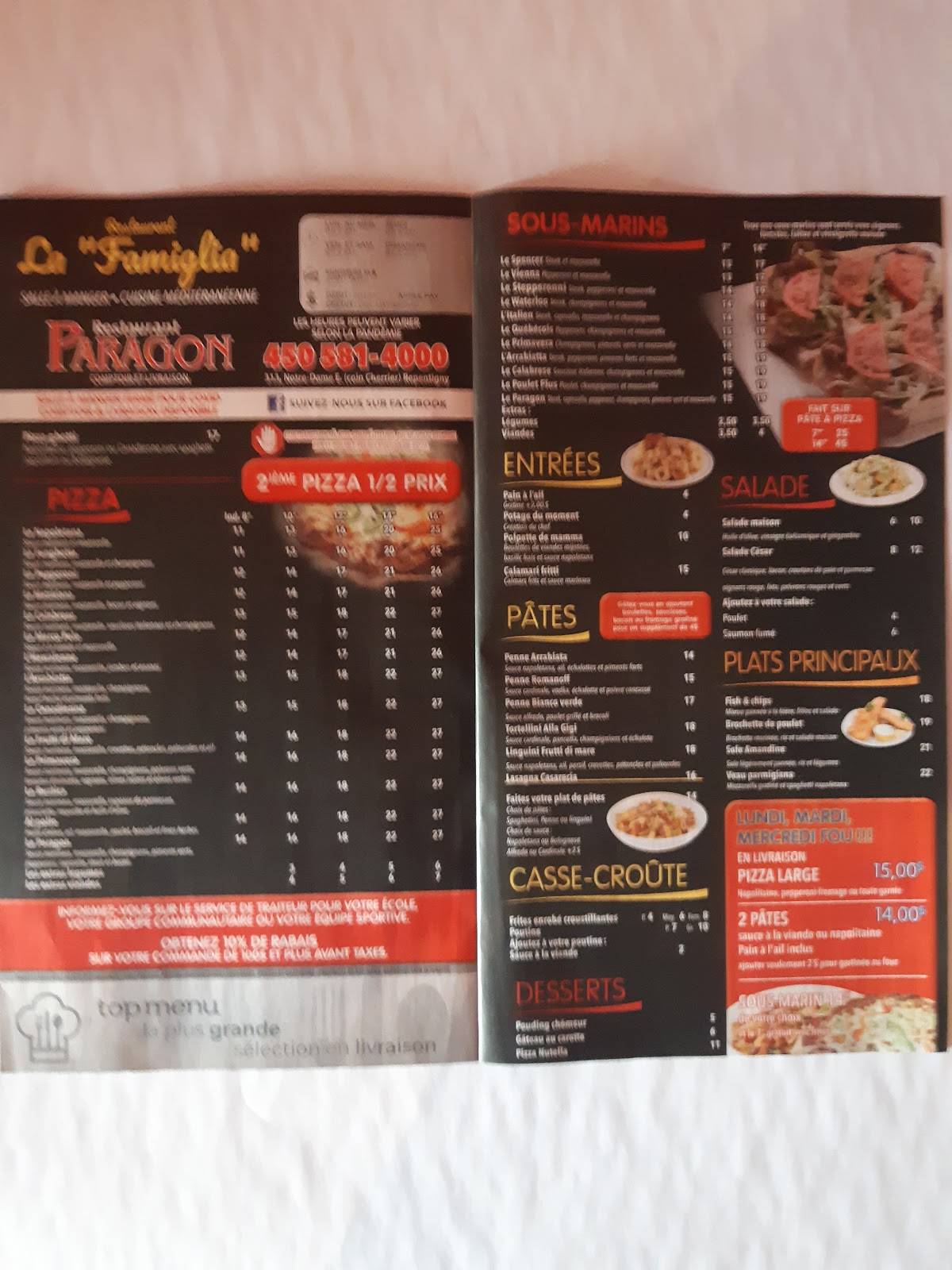 Menu au La Famiglia Paragon pizzeria, Repentigny