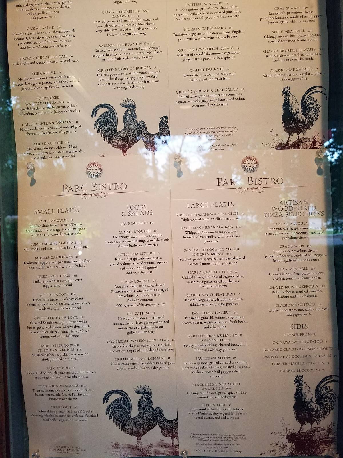 Menu at Parc Bistro restaurant, Skippack