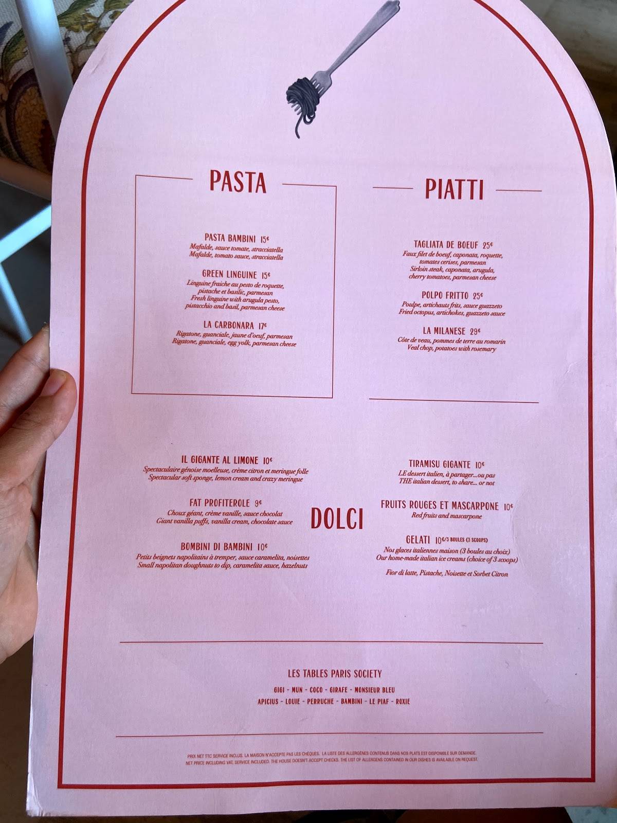 Menu at Bambini Paris restaurant, Paris, Palais De Tokyo