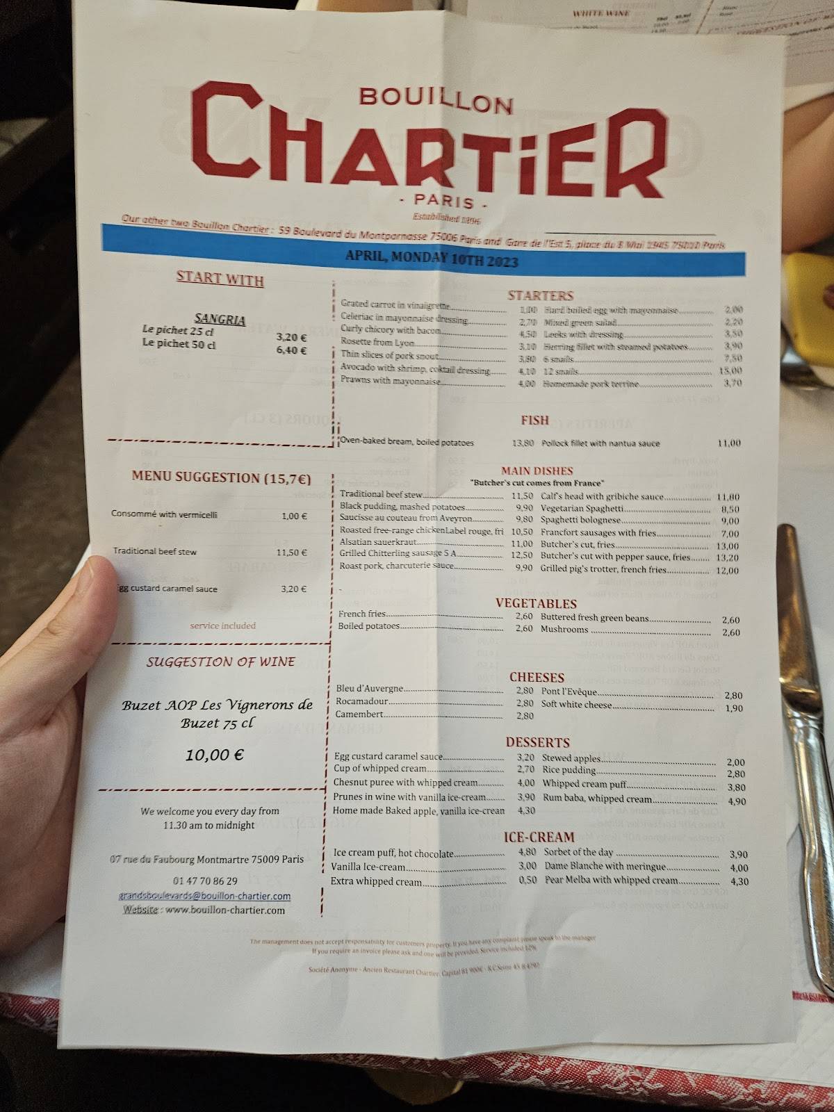 Menu at Bouillon Chartier Grands Boulevards restaurant, Paris, 7 Rue du ...