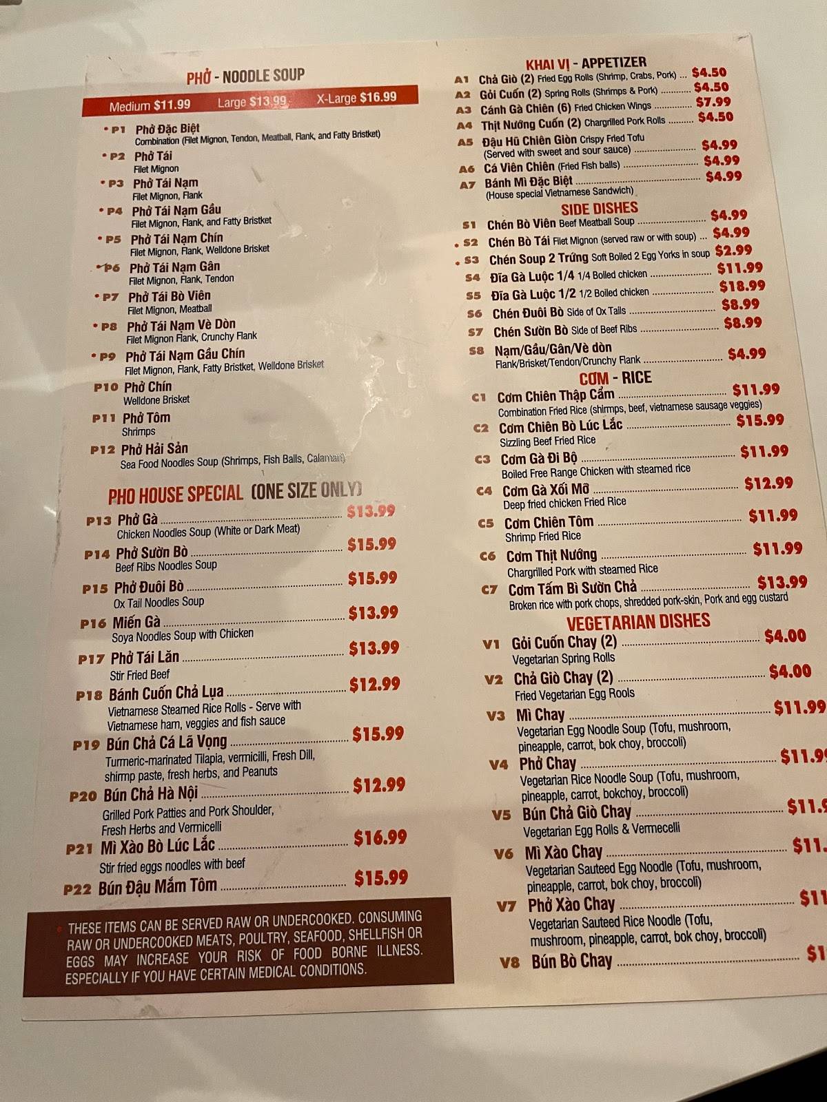 Menu at Pho House restaurant, Duluth