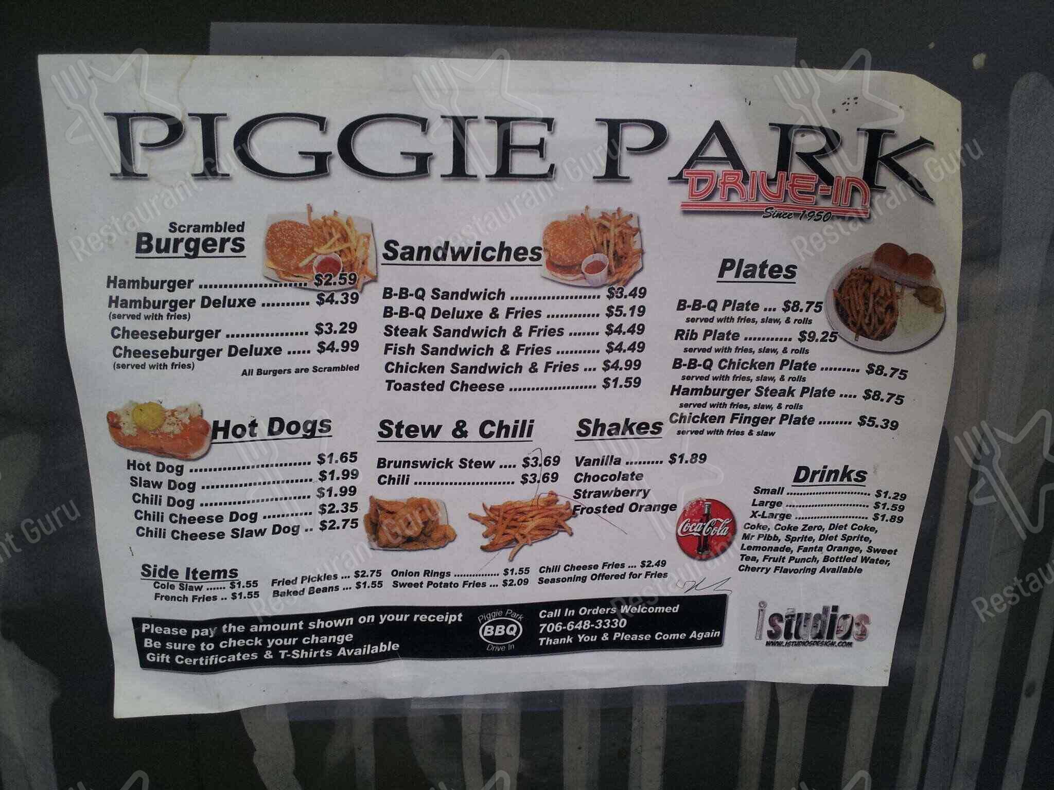 Menu at Piggie Park fast food, Thomaston, US-19