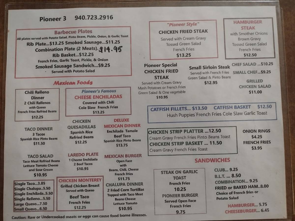 Menu at Pioneer 3 Restaurant, Wichita Falls, Sheppard Access Rd #3