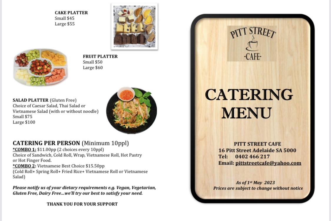 Menu at Pitt Street Cafe, Adelaide
