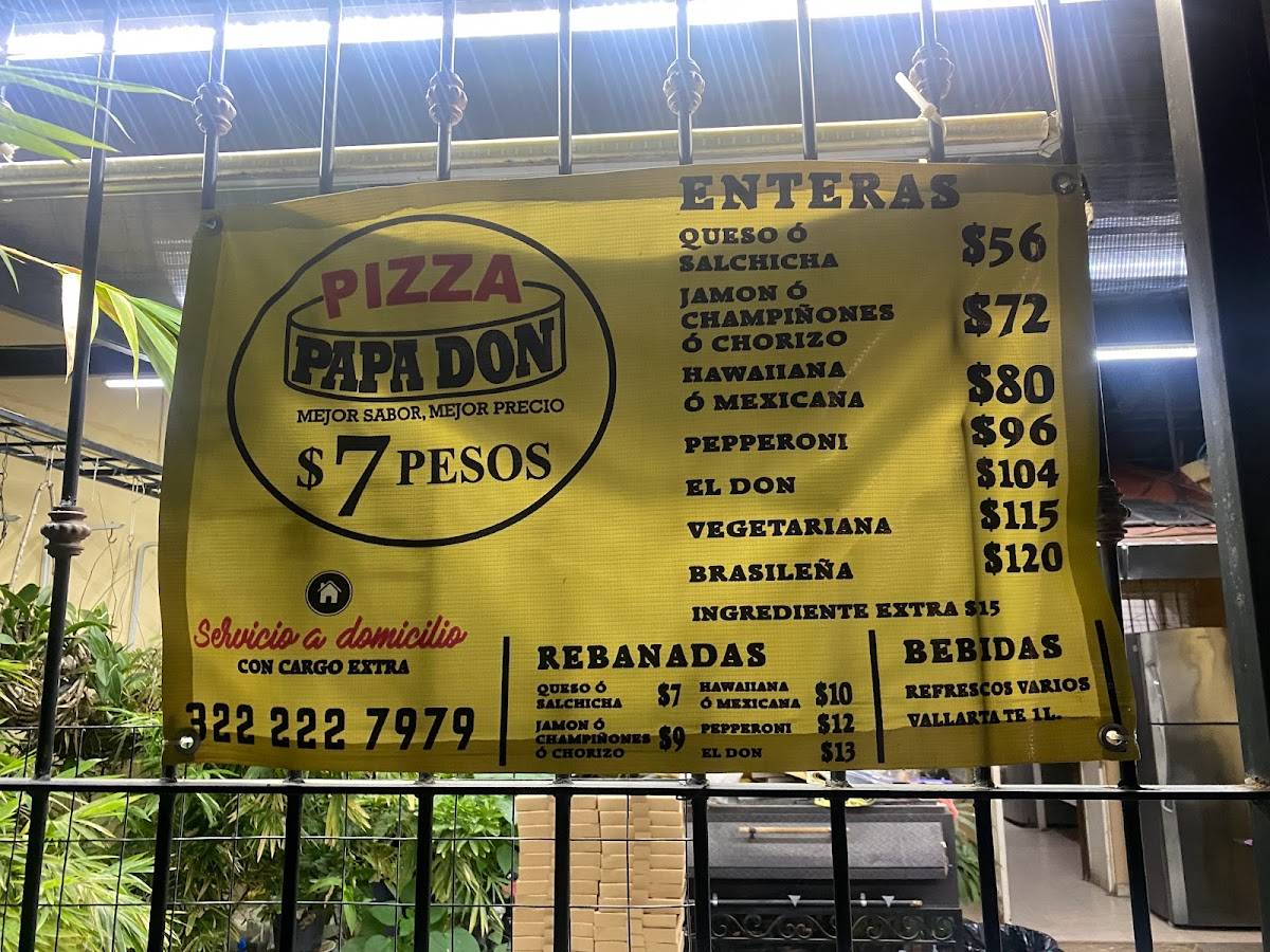 Menu at Pizza Papa Don restaurant, Puerto Vallarta