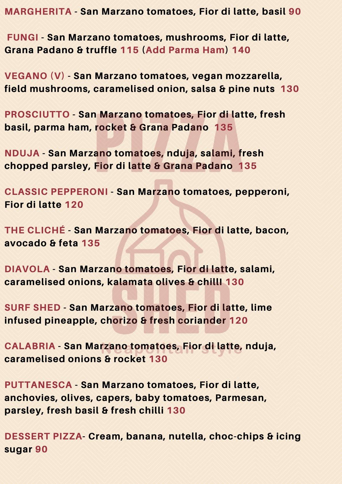 Menu at Pizza Shed Observatory pizzeria, Cape Town, 242 Lower Main Rd