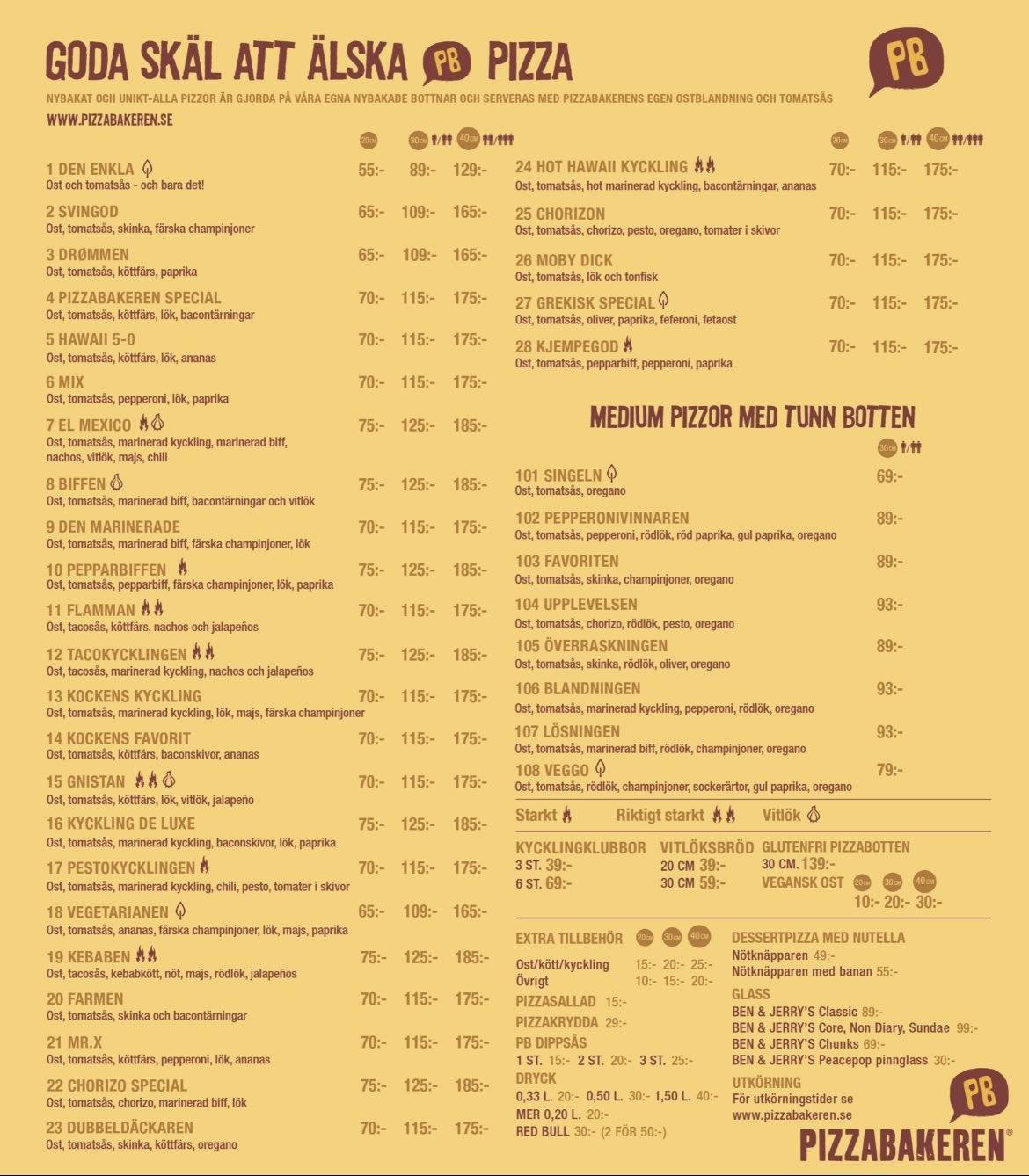 Menu at Pizzabakeren Liljeholmskajen restaurant, Stockholm